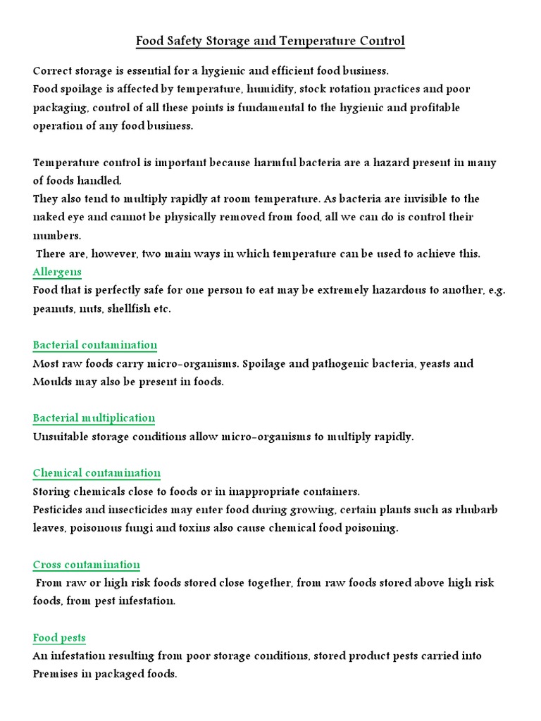 Food Safety Storage and Temperature Control | PDF | Refrigerator ...
