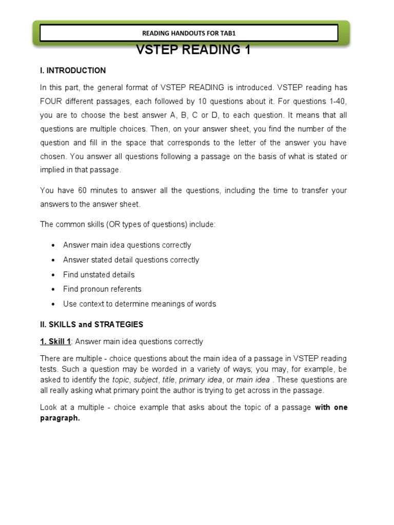 T02 - Reading - VSTEP Reading Test 1 | PDF | Multiple Choice | Question