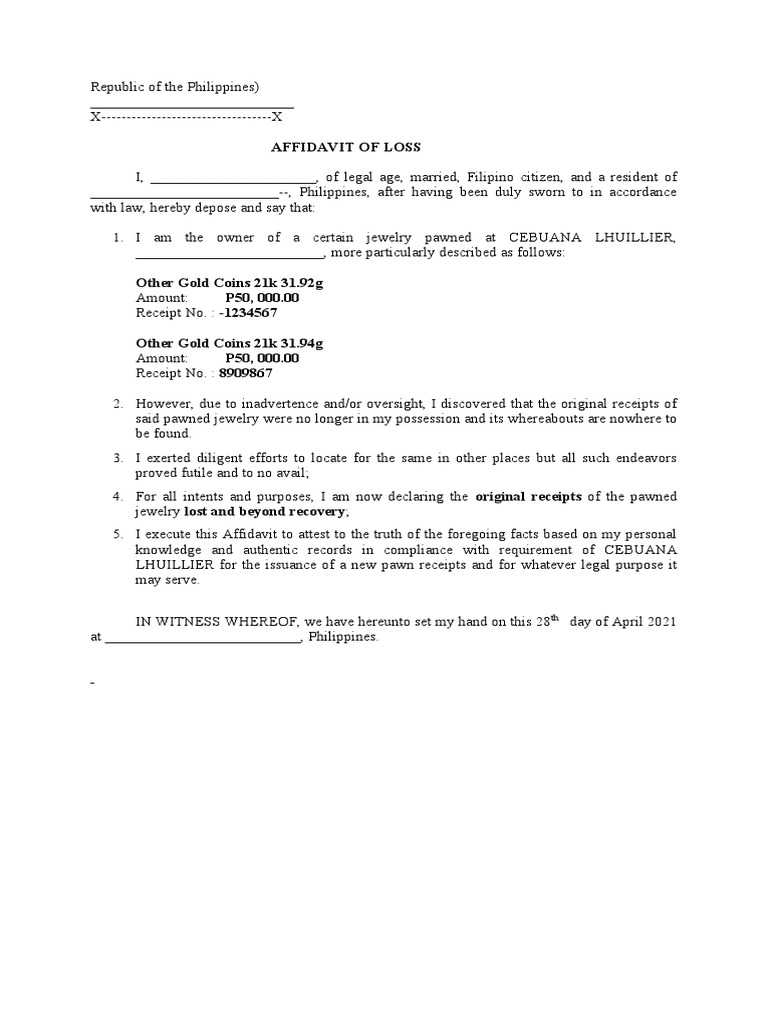 Affidavit of Loss for Cebuana Receipts | PDF | Social Science | Law