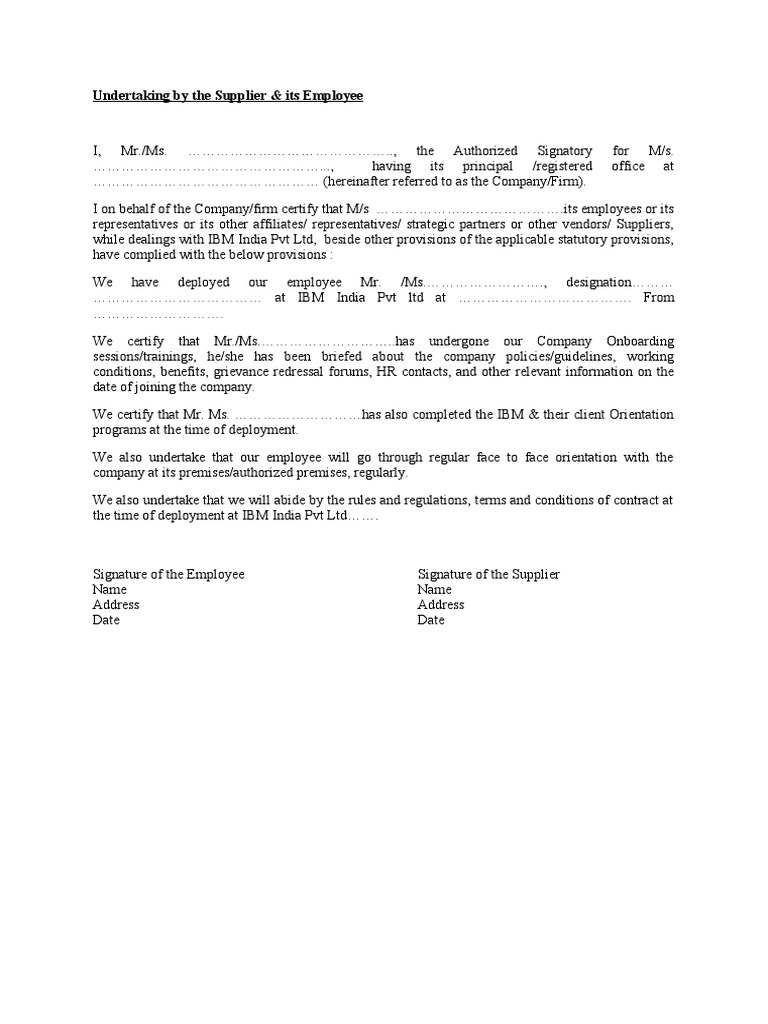 Undertaking by The Supplier & Its Employee | PDF