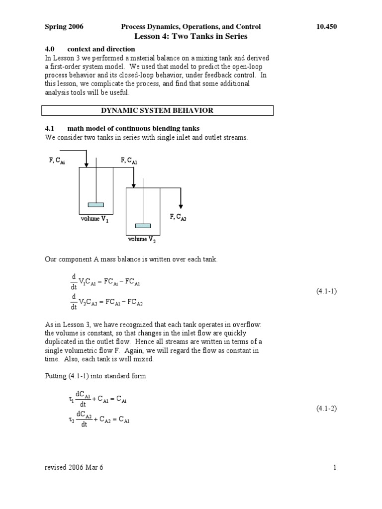 Lesson 4: Two Tanks in Series: Spring 2006 Process Dynamics, Operations, and Control 10.450 ...