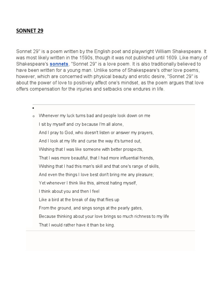 Sonnet 29 Analysis | PDF | Poetry | Sonnets