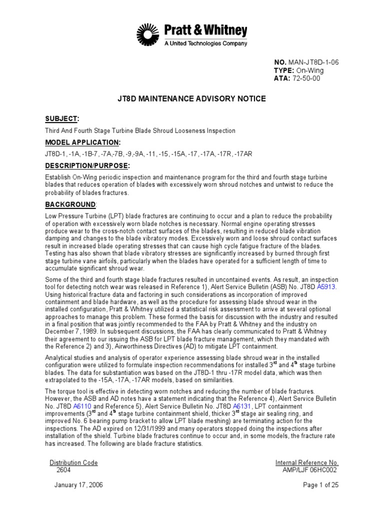 Jt8D Maintenance Advisory Notice: NO. MAN-JT8D-1-06 TYPE: On-Wing ATA ...