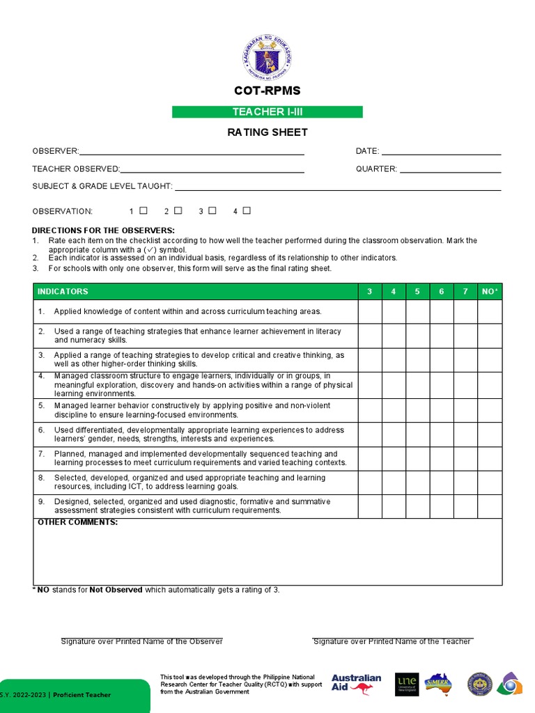 Appendix C 02 COT RPMS Rating Sheet For T I III For SY 2022 2023 | PDF ...