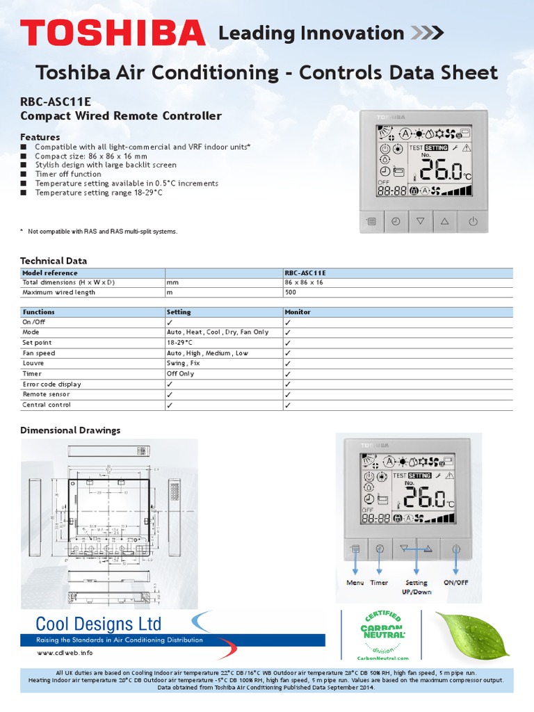 Compact Wired Remote Controller RBC ASC11E Data Sheet Single Page | PDF