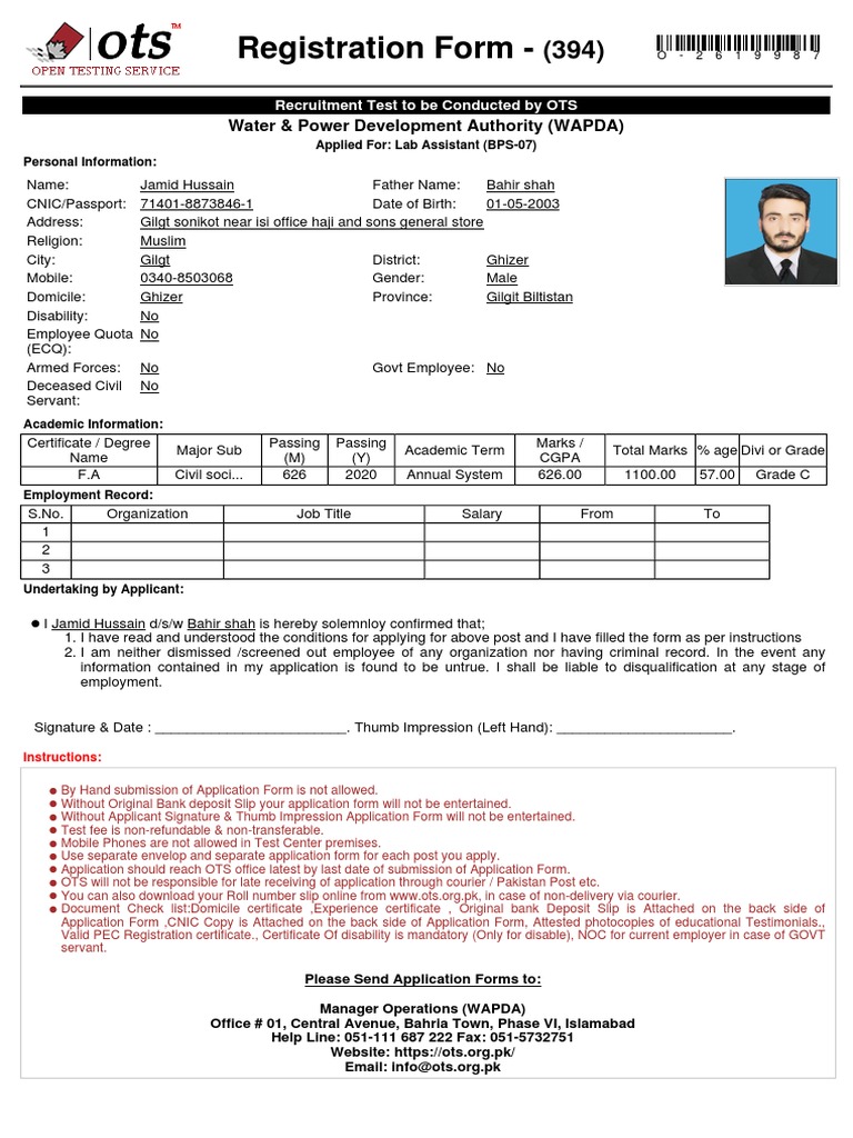Registration Form - : Water & Power Development Authority (WAPDA) | PDF ...