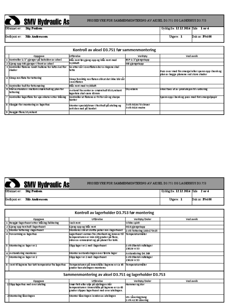 Prosedyre For Montering Av Aksel Og Lagerhus | PDF