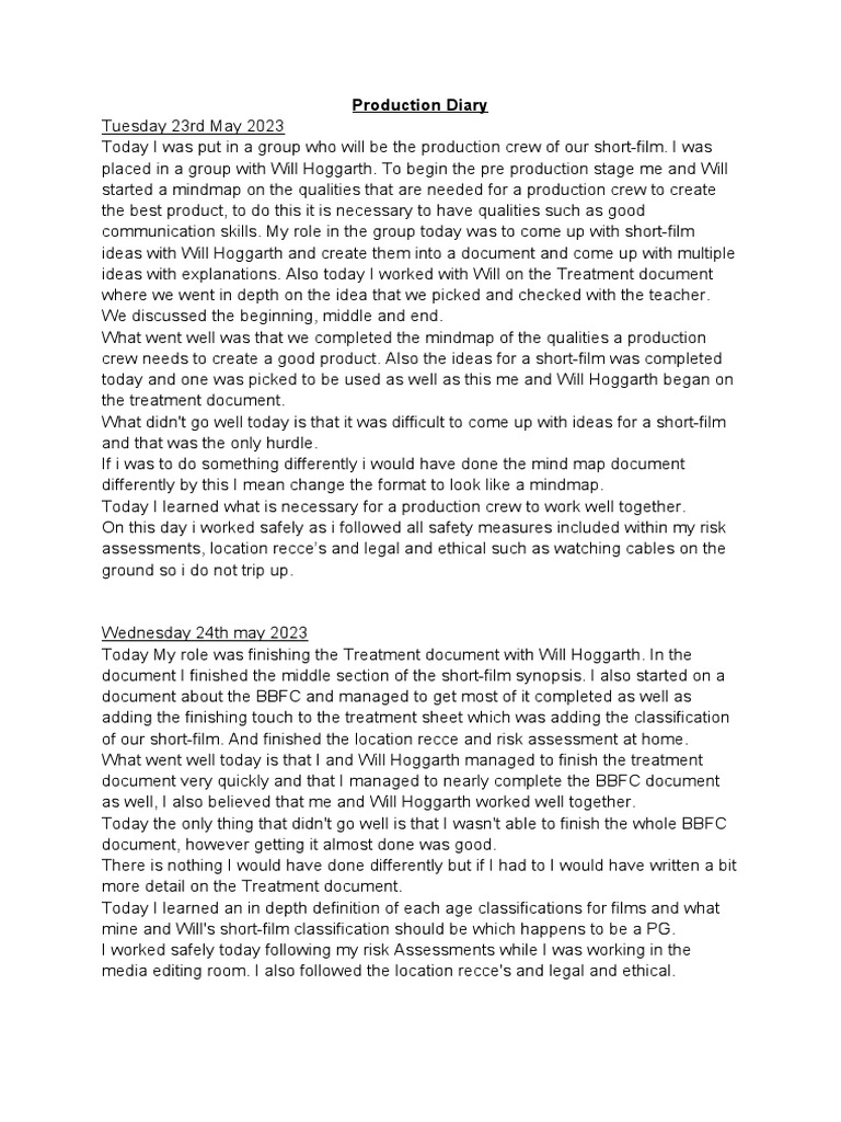 Short Film Production Diary Insights | PDF | Career & Growth | Self ...