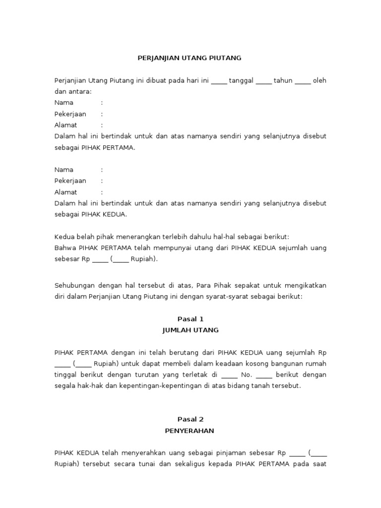 Contoh Surat Perjanjian Utang Piutang | PDF