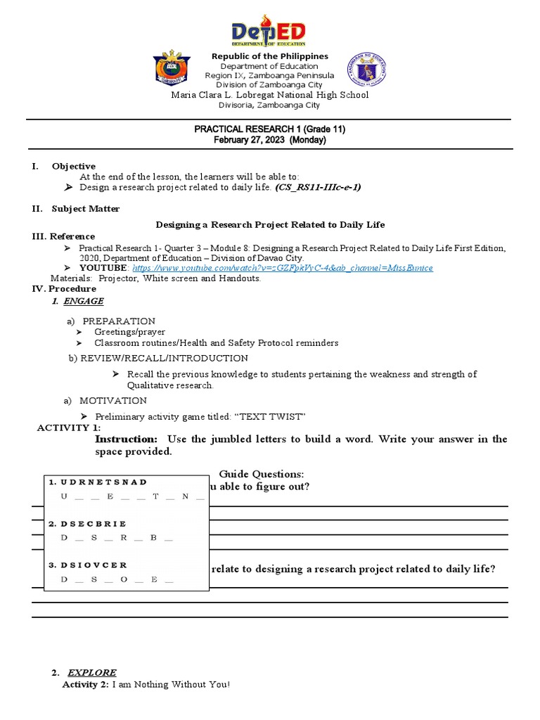 PR1 - LESSON PLAN - Week 4 - Feb 27, 2023 | PDF | Qualitative Research ...