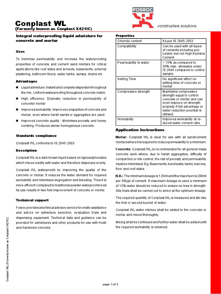 TDS Conplast WL India3 | PDF | Concrete | Mortar (Masonry)