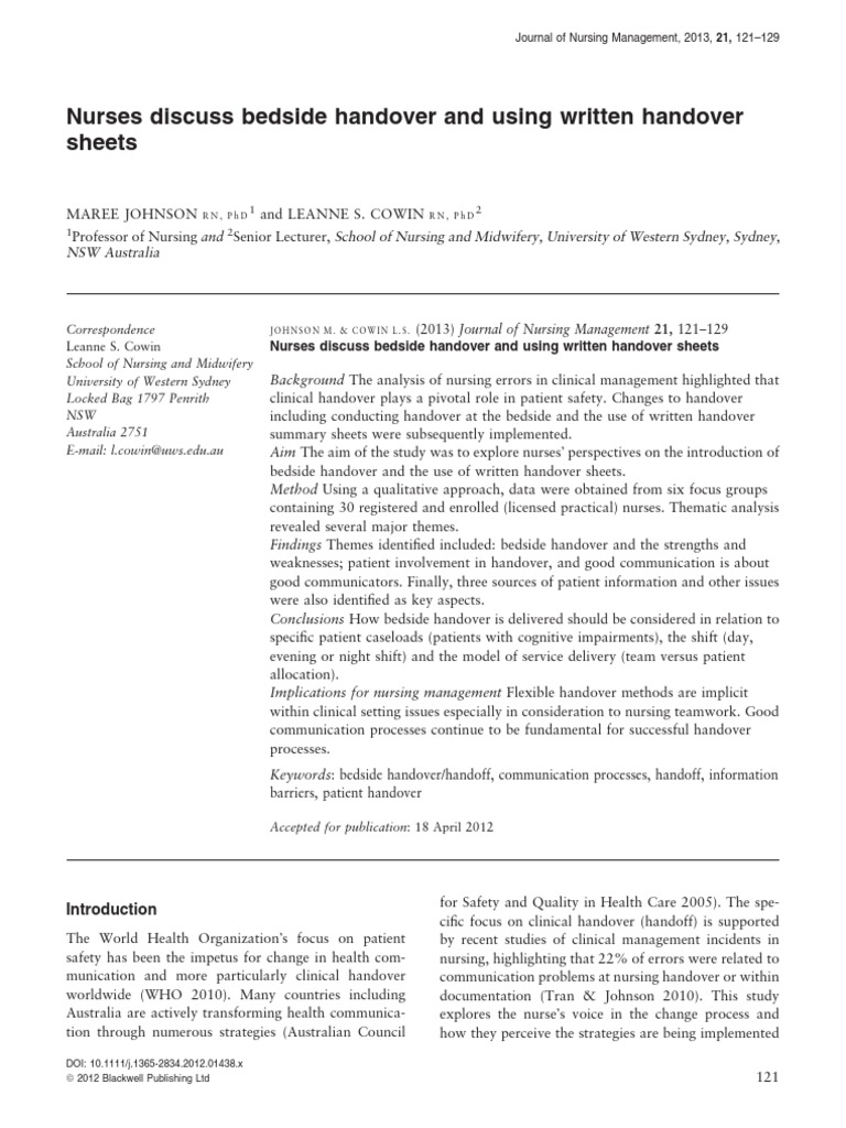 J Nursing Management - 2012 - JOHNSON - Nurses Discuss Bedside Handover ...