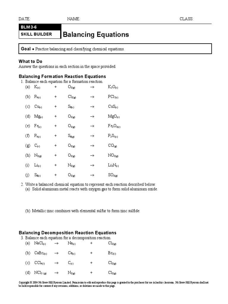 Balancing Equations Worksheets | PDF | Chemical Reactions | Chlorine