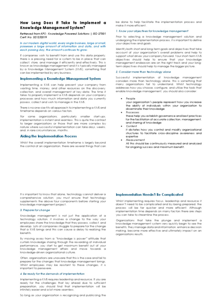 How Long Does It Take To Implement A Knowledge Management System | PDF | Knowledge Management ...