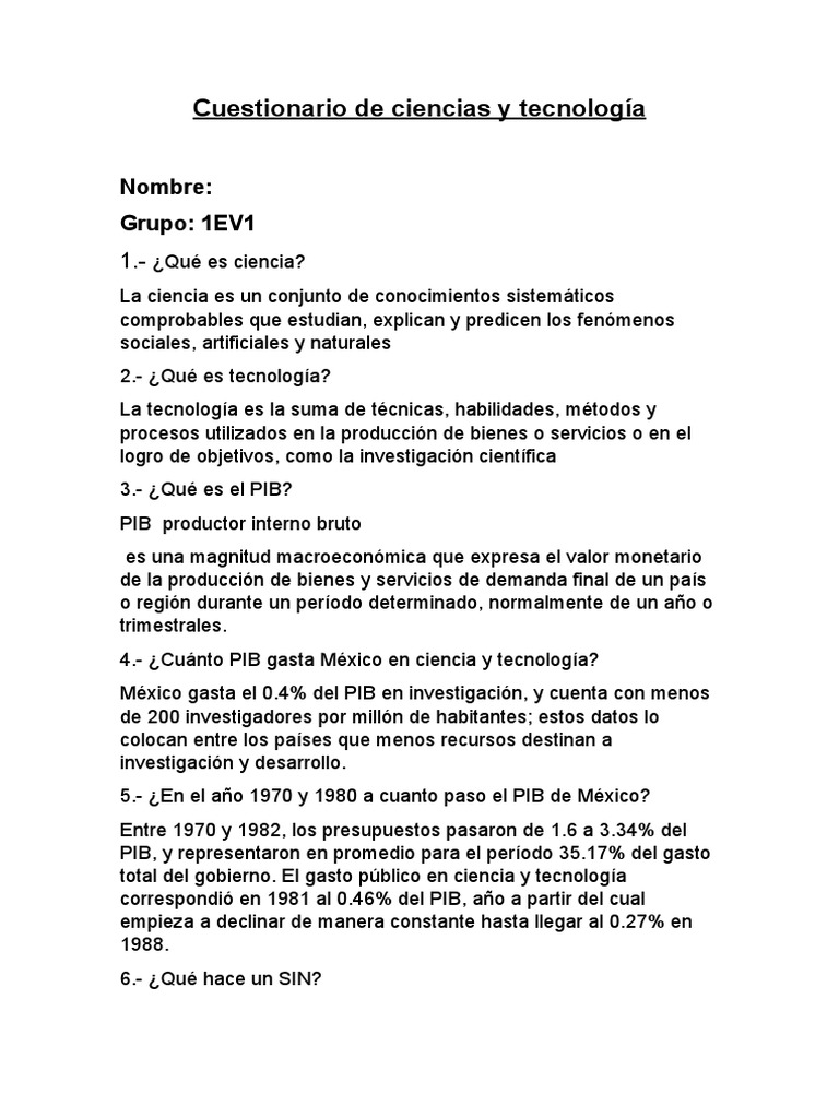 Cuestionario sobre Ciencia y Tecnología | PDF | Producto Interno Bruto ...