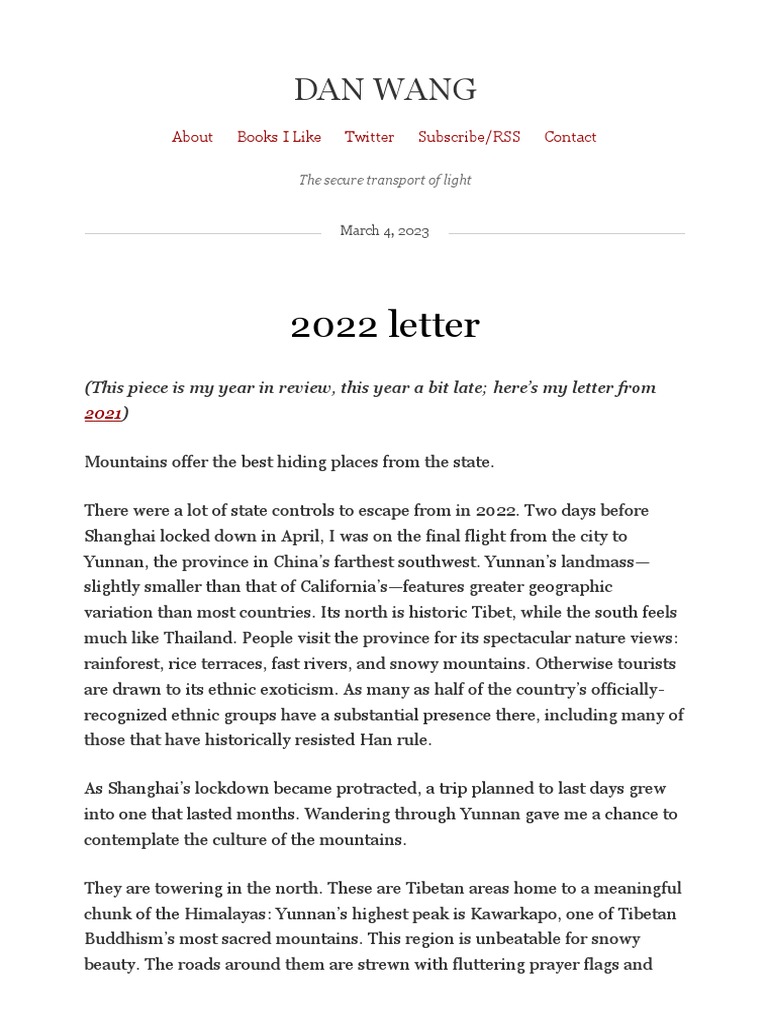 2022 Letter - Dan Wang | PDF | China | World Politics