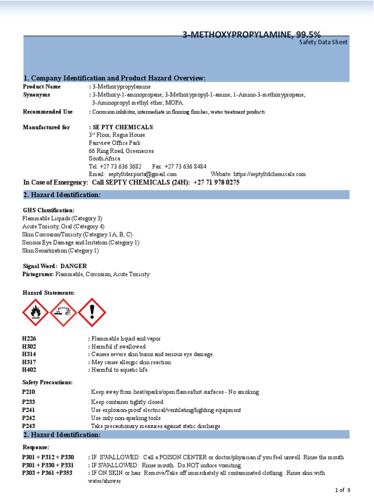 3-Methoxypropylamine Safety Data Sheet | PDF | Dangerous Goods | Combustion