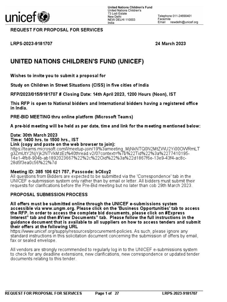RFP 2023 015 9181707 - Unicef | PDF | Request For Proposal | Sustainability