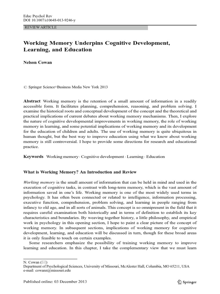 Working Memory Underpins Cognitive Development, Learning, and Education - Cowan 2014 | PDF ...
