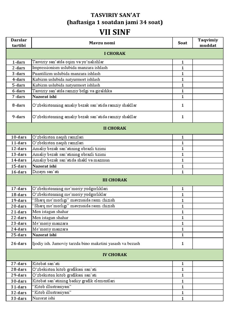 7-SINF Tasviriy San'At | PDF