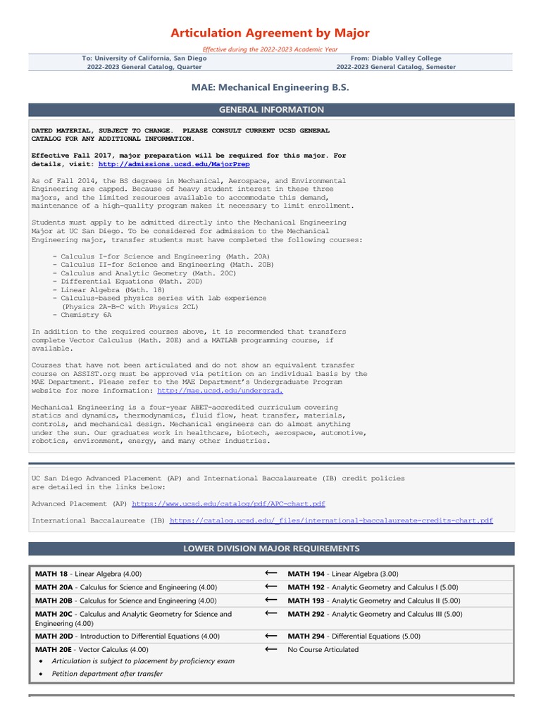 UCSD Mechanical Engineering Transfer Guide | PDF | Bachelor Of Science ...