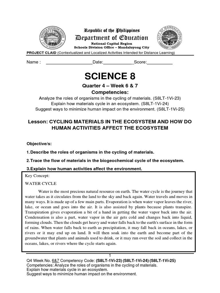 Week 7 Cycling Materials in The Ecosystem and How Do Human Activities ...