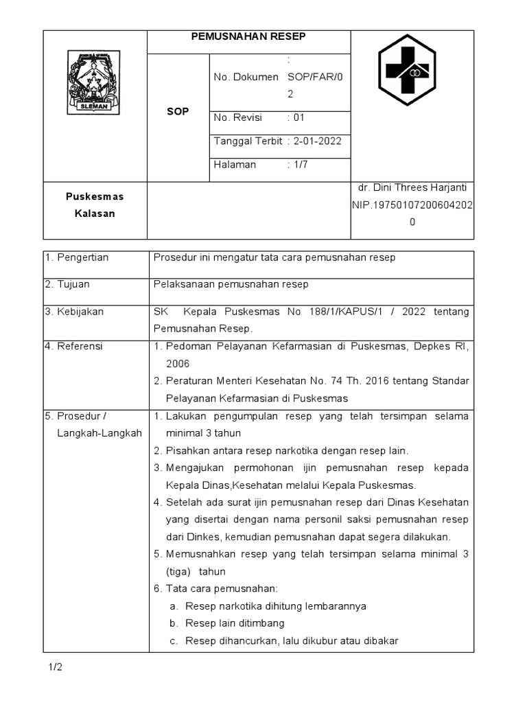 2.SOP Pemusnahan Resep Blangko | PDF