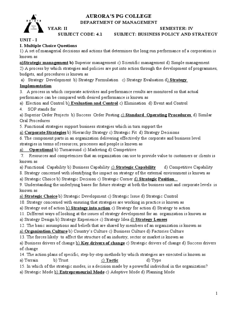 BPS QB Unit1&2 | PDF | Strategic Management | Business Economics BPS QB Unit1&2 | PDF | Strategic Management | Business Economics