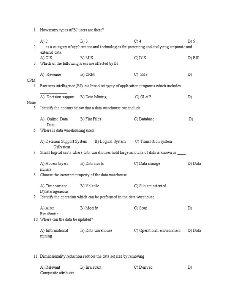 Business Intelligence & Data Warehousing Quiz | PDF | Data Warehouse | Metadata