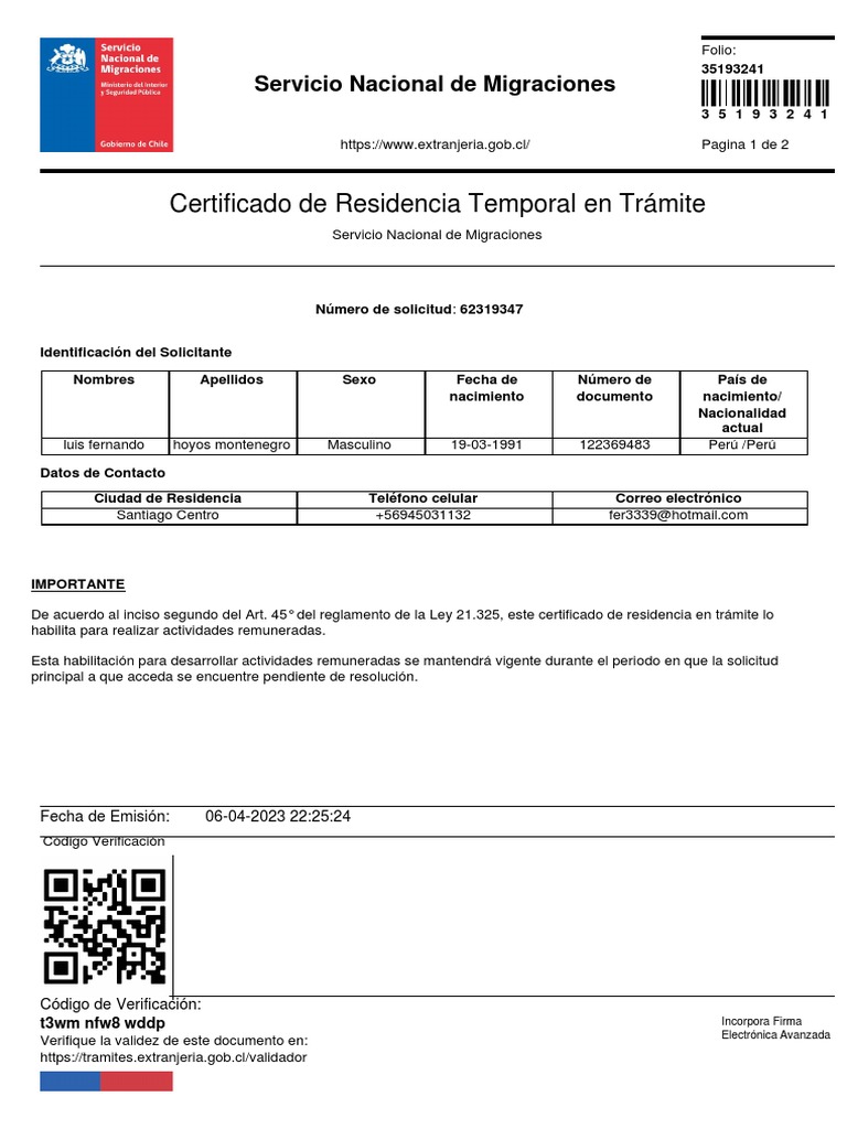 Certificado de Residencia Temporal | PDF