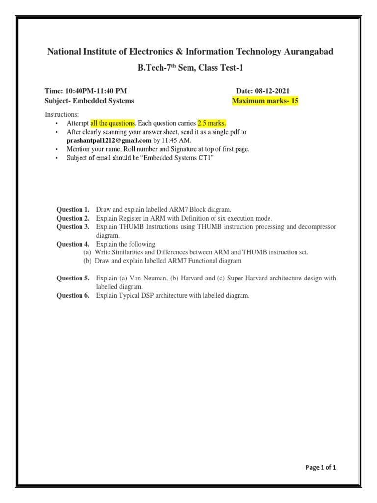 Class Test 1 Embedded System | PDF Class Test 1 Embedded System | PDF