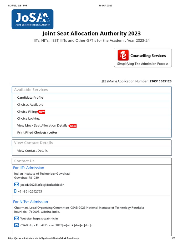 JoSAA 2023 MOCK 1 | PDF | Career And Technical Education | Higher Education