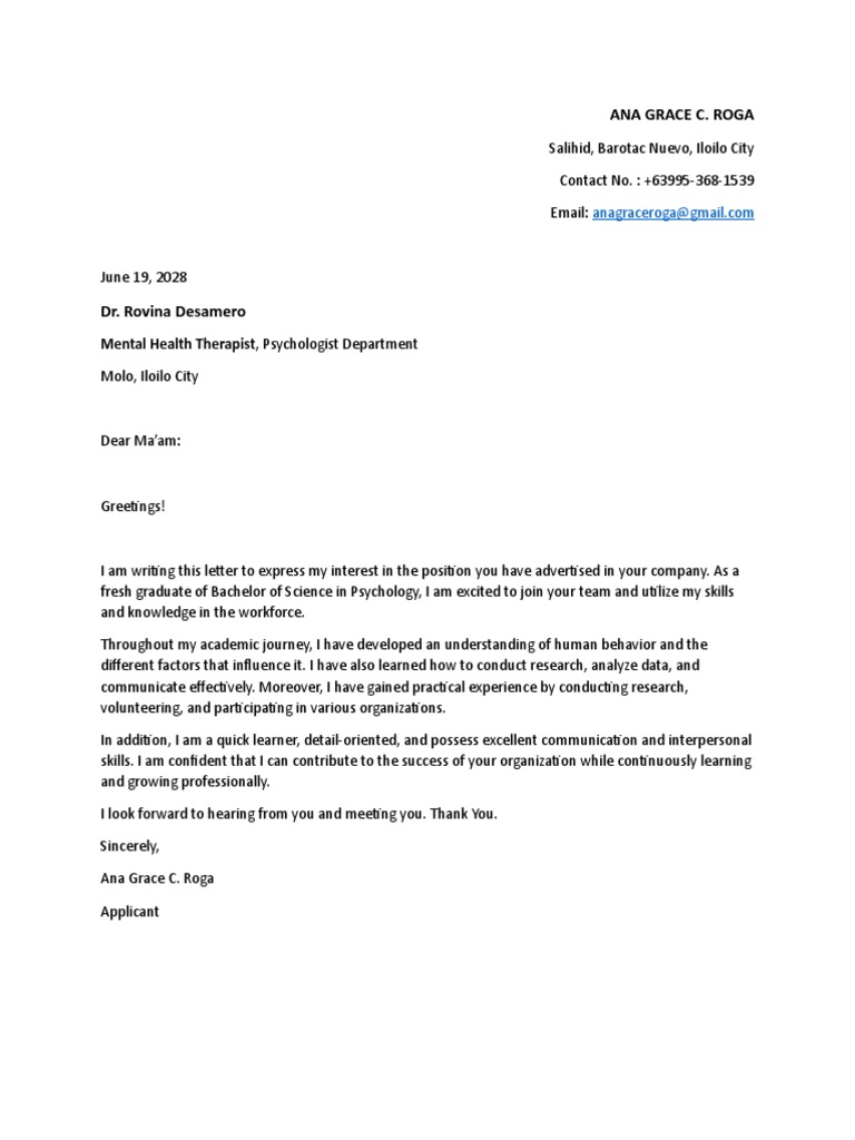 Psychology Graduate Job Application Letter | PDF | Career & Growth