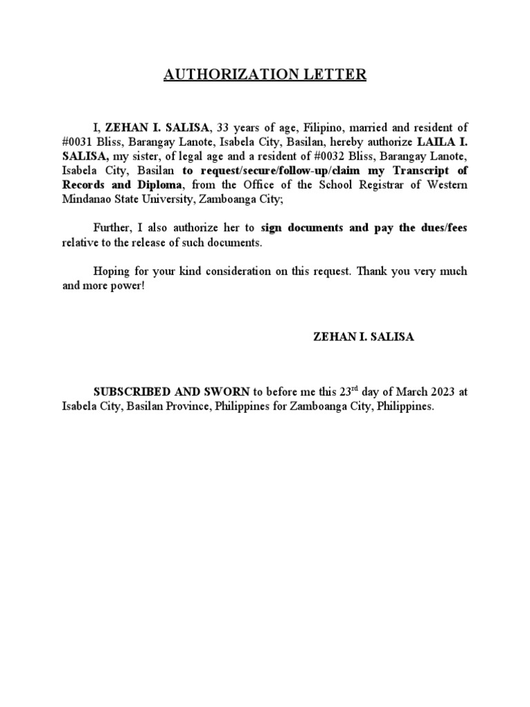 Authorization Letter Tor and Diploma | PDF