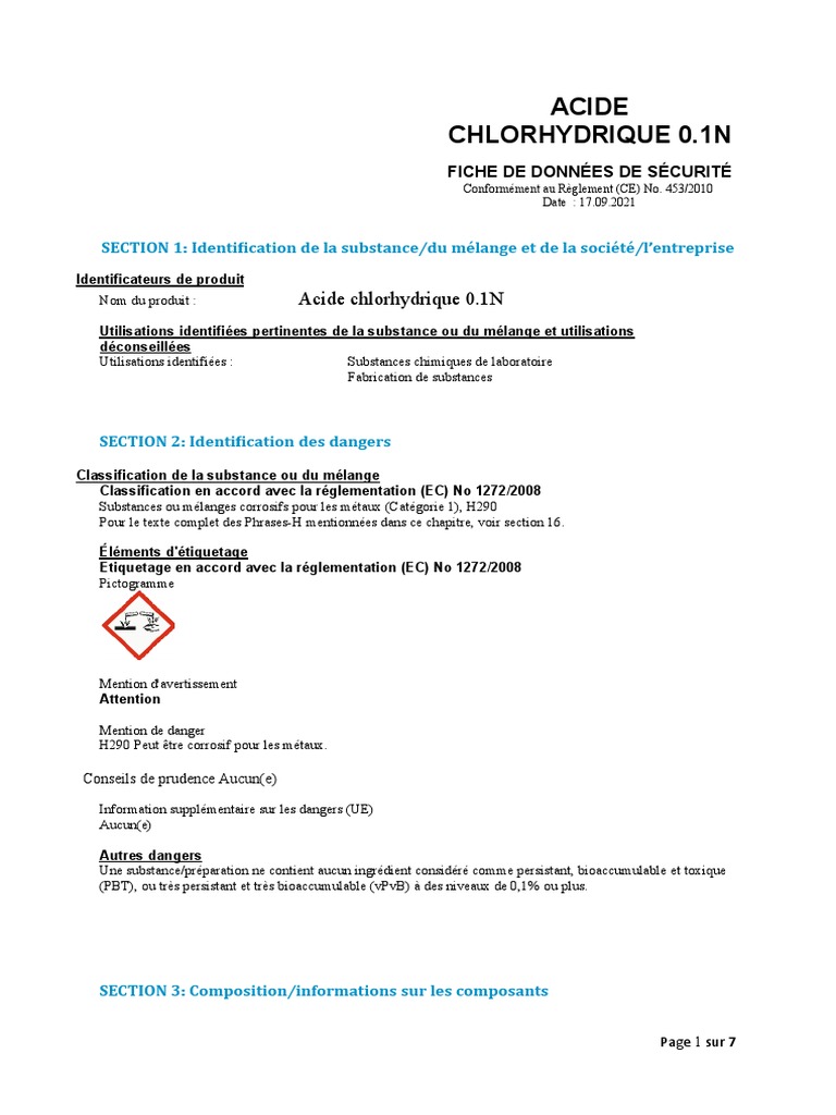 3 - FDS HCL 0.1 N | PDF | Substances chimiques | Acide chlorhydrique
