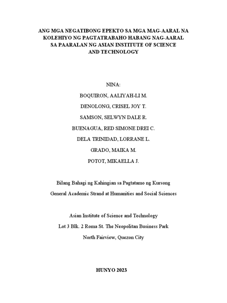 Epekto NG Pagtatrabaho Sa Pag-Aaral NG Mga Mag-Aaral Na Kolehiyo | PDF