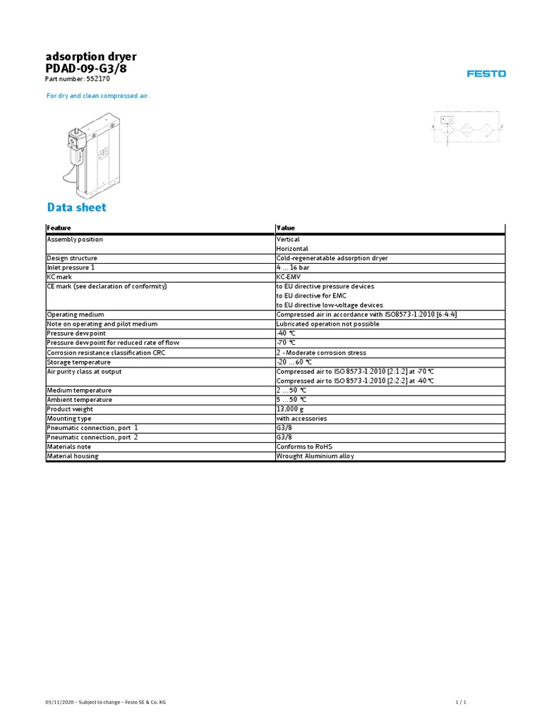 Adsorption Dryer PDAD-09-G3/8: Data Sheet | PDF