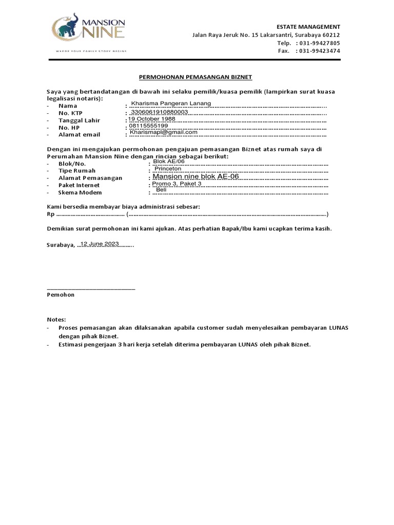 Permohonan Pemasangan Biznet | PDF