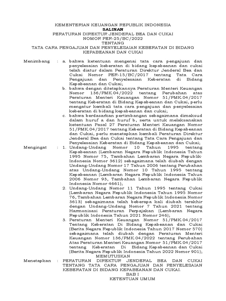 PER-25 BC 2022 Tata Cara Pengajuan Dan Penyelesaian Keberatan ...