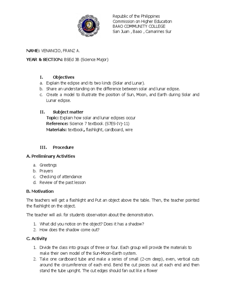 4a's LESSON PLAN Science | Download Free PDF | Solar Eclipse | Moon
