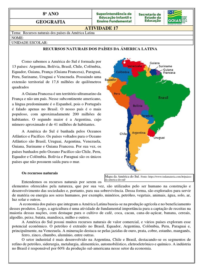 Atividade 17 - 8º GEO - Recursos Naturais Dos Países Da América Latina ... Atividade 17 - 8º GEO - Recursos Naturais Dos Países Da América Latina ...