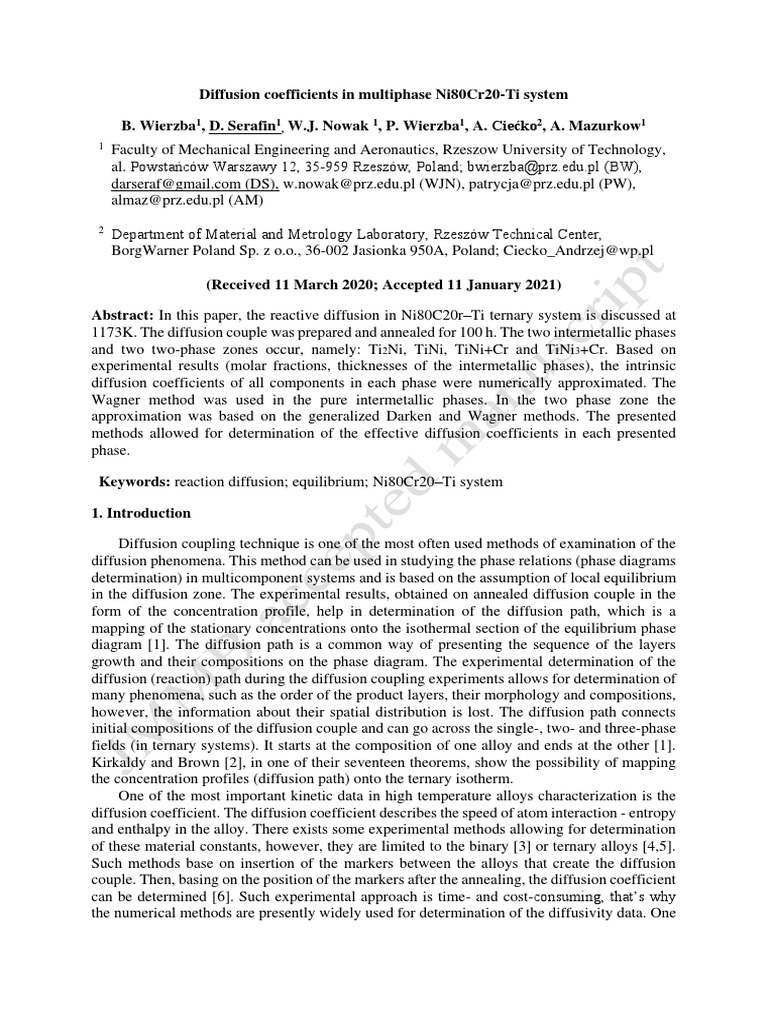 Diffusion Coefficients in Multiphase Ni80Cr20-Ti S | PDF | Diffusion ... Diffusion Coefficients in Multiphase Ni80Cr20-Ti S | PDF | Diffusion ...