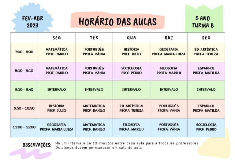 Modelo Horário de Aulas | PDF