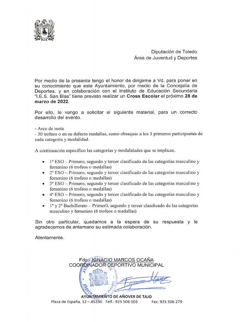 Solicitud Arco de Meta y Trofeos - VIII Cross Escolar | PDF