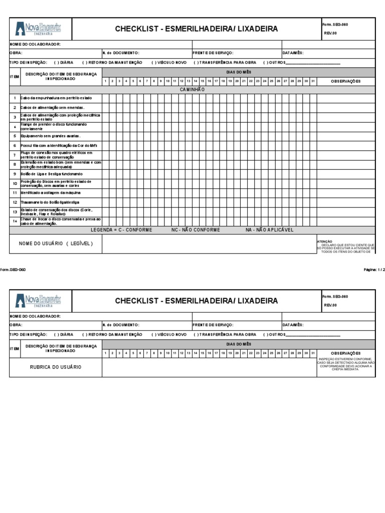 Form - Seg-060 - Checklist - Esmerilhadeira Angular - Rev.000 | PDF
