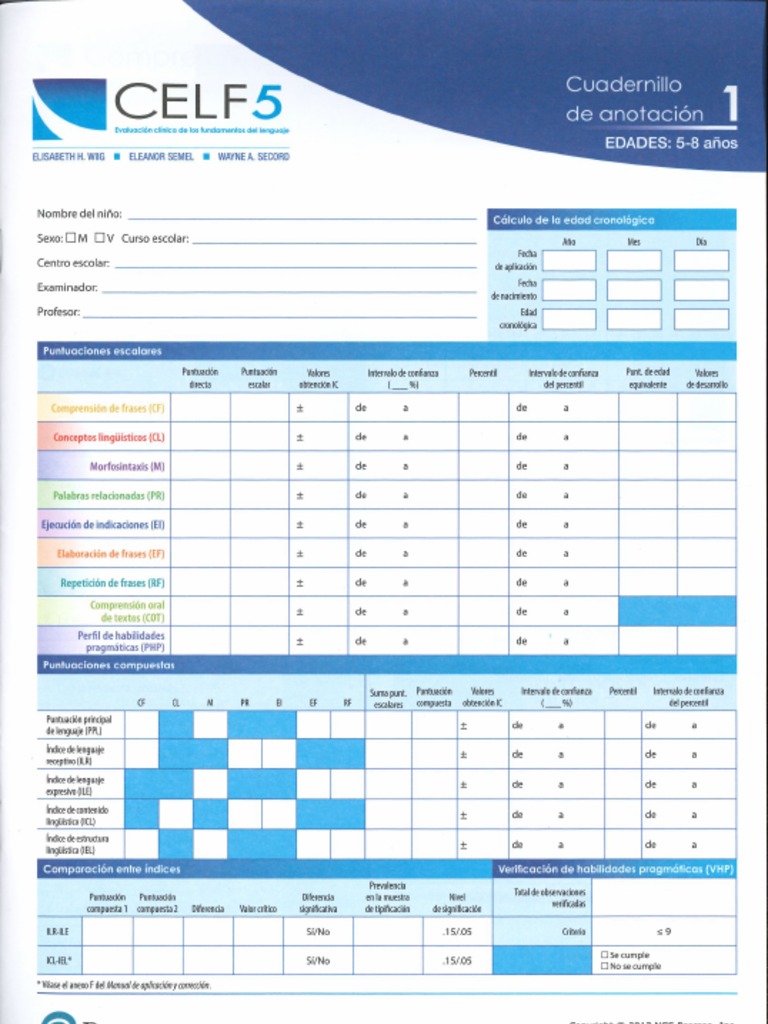 CELF-5 Cuadernillo de Anotación 1 (5-8 Años) | PDF
