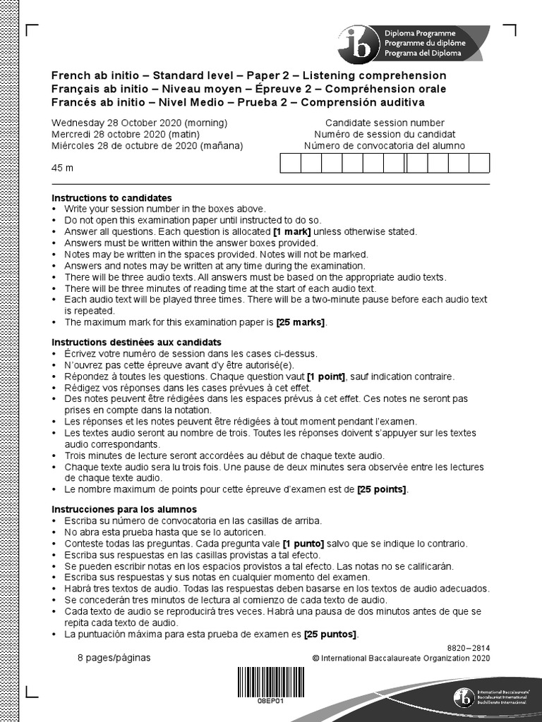 French Ab Initio Paper 2 Listening Comprehension SL | PDF