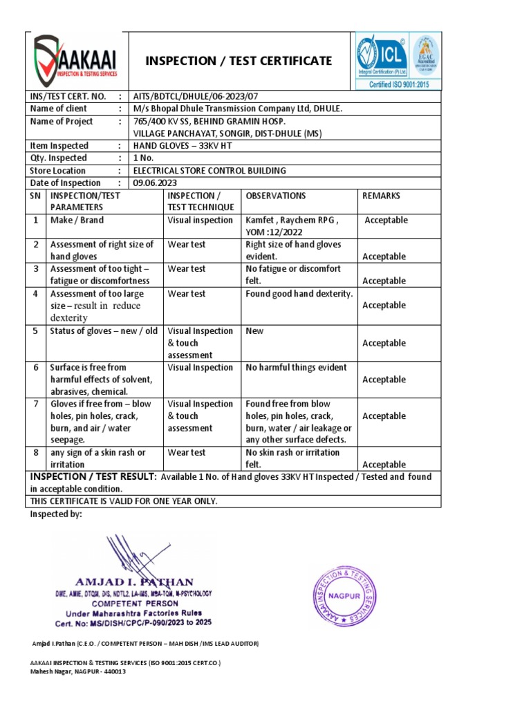 33KV HT Gloves Inspection Certificate | PDF | Business Process | Evaluation