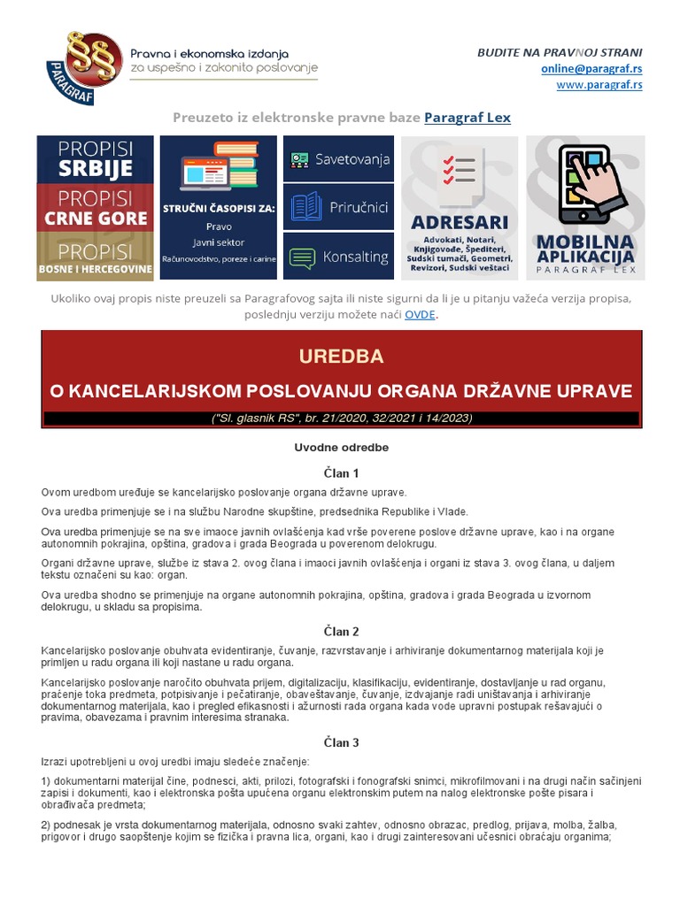 Uredba o Kancelarijskom Poslovanju Organa Drzavne Uprave | PDF