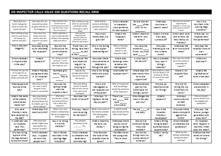 An Inspector Calls 10x10 Grid 100 Questions | PDF